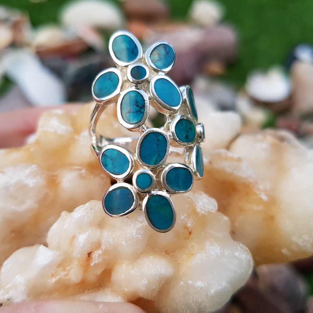Large Natural Stone Turquoise Eilat Stone Ring, Sterling Silver 925 ...