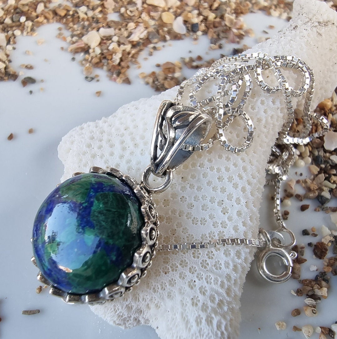 Lapis Eilat Stone Pendant, Sterling Silver 925, King Solomon Stone, Round Silver Pendant With ...