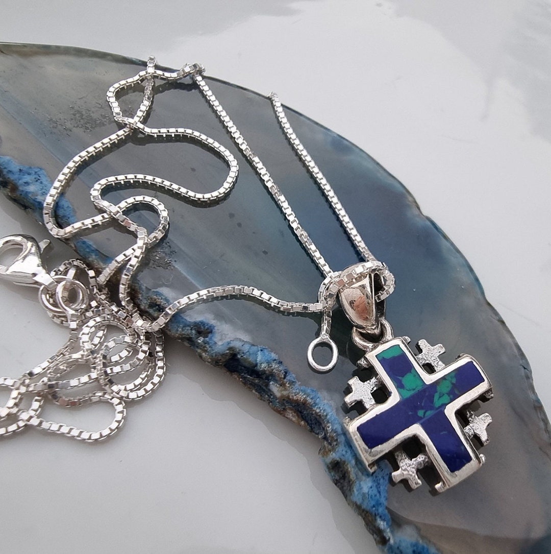 Sterling Silver Jerusalem Cross Pendant, Lapis Eilat Stone Cross, 5 ...