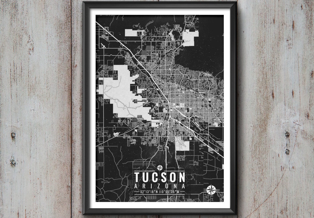 TUCSON Arizona Map With Coordinates, Tucson Map, Tucson Wall Art, Map ...
