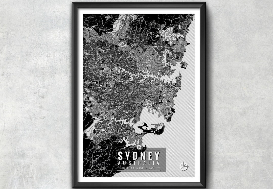 SYDNEY Australia Map With Coordinates, Sydney Wall Art, Sydney Map, Map ...