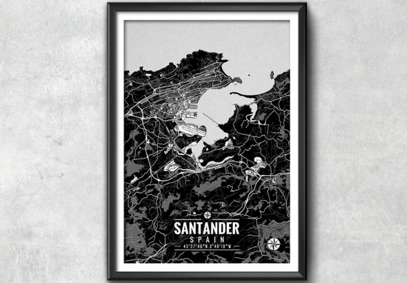 SANTANDER Spain Map With Coordinates Santander Wall Art | Etsy