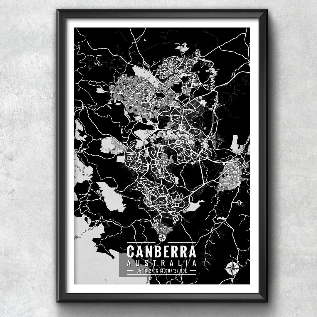 Canberra Australia Map With Coordinates, Canberra Wall Art, Canberra ...