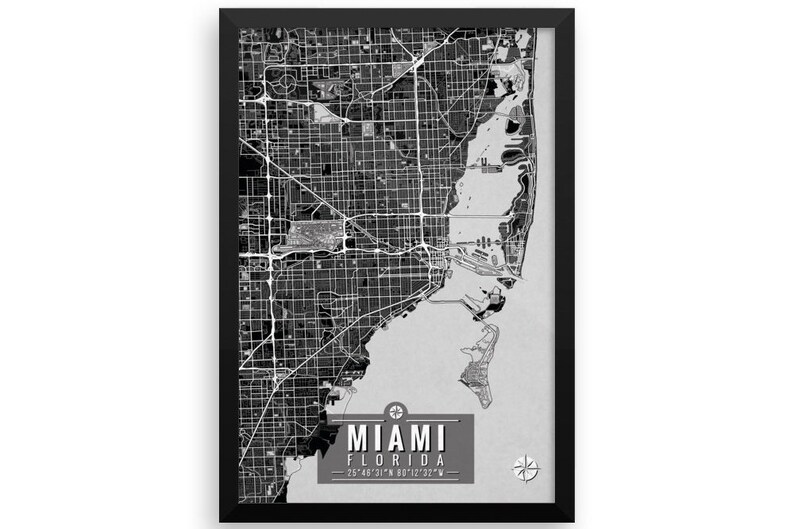 MIAMI Florida Map With Coordinates, Miami Wall Art, Miami Map, Map Art ...