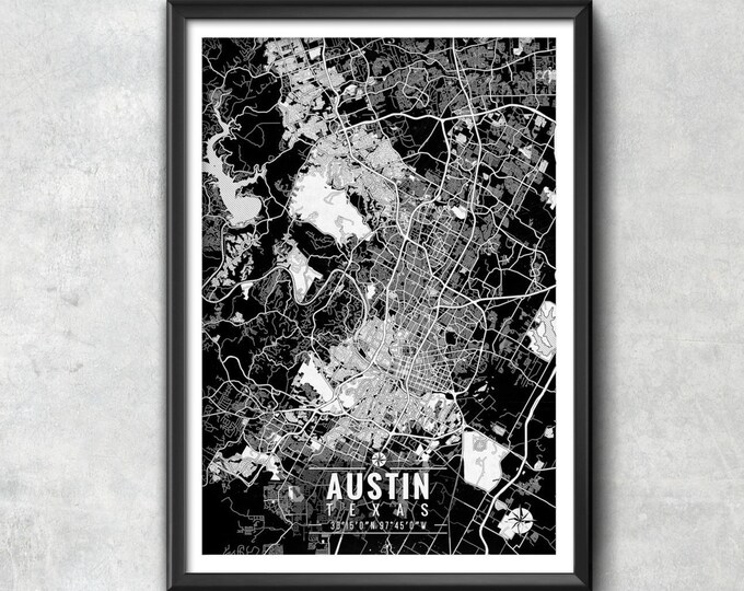AUSTIN Texas Map With Coordinates, Austin Map, Map Art, Map Print ...
