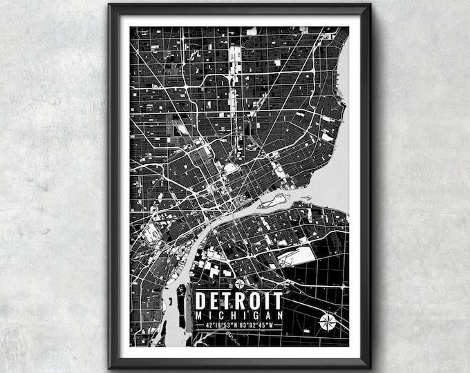 DETROIT Michigan Map With Coordinates, Detroit Wall Art, Detroit Map ...