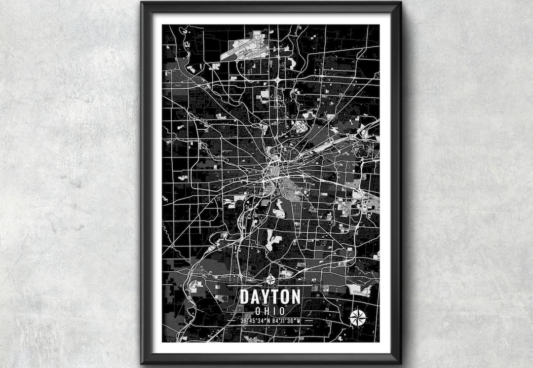 DAYTON Ohio Map With Coordinates, Dayton Wall Art, Dayton Map, Map Art ...