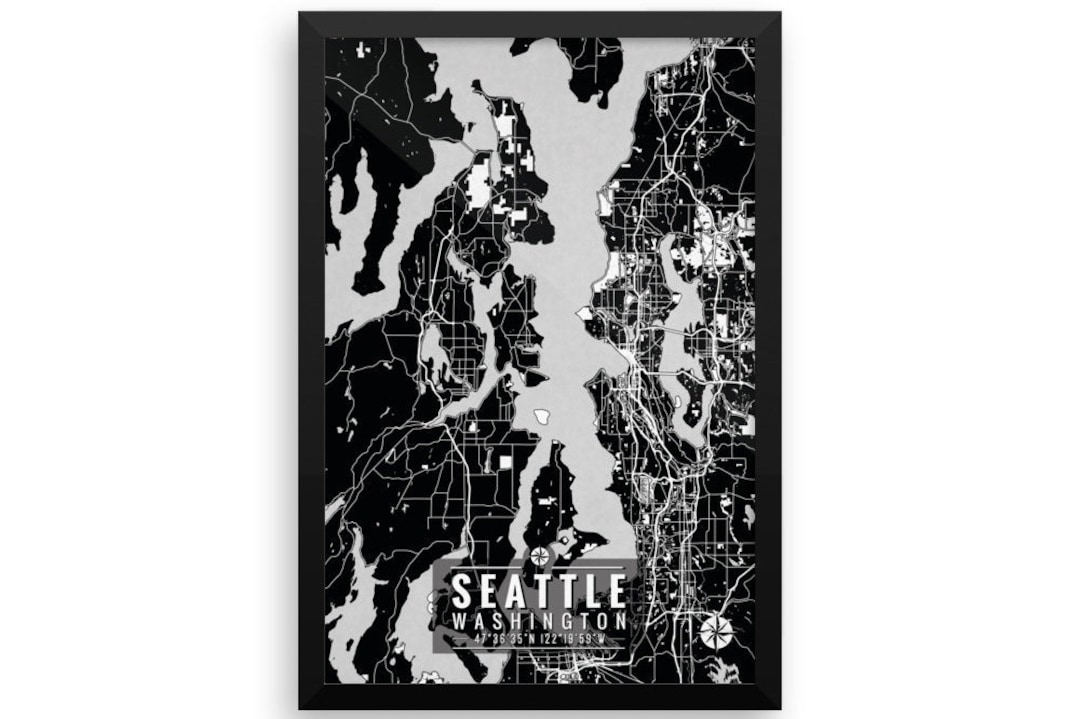 SEATTLE Washington Map With Coordinates, Wall Art, Seattle Map, Map Art ...