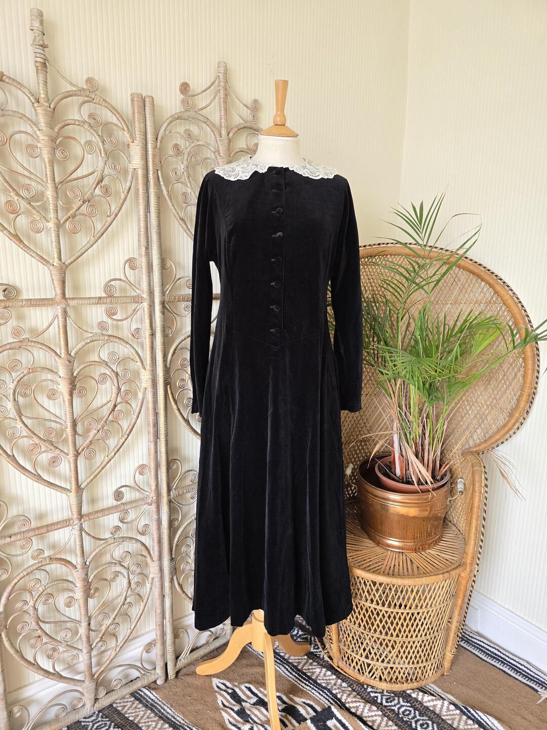 Vintage Black Lace Collar Laura Ashley Velvet Cotton 80s Dress M L - Etsy