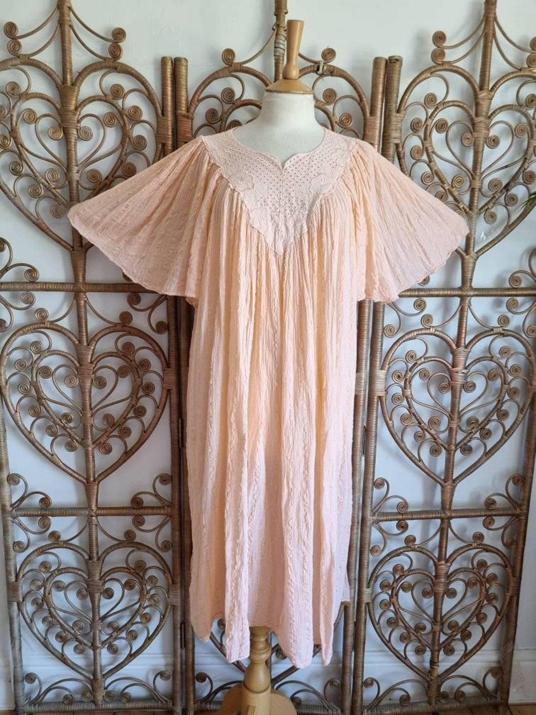 Vintage Peach Pink Lace Prairie Cheesecloth 80s Cotton Mix Smock Midi ...