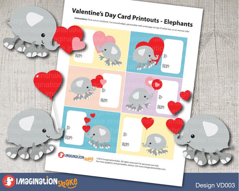Valentine's Day Card Printouts Elephants PRINTABLE DIY / Love Cards / 3 ...