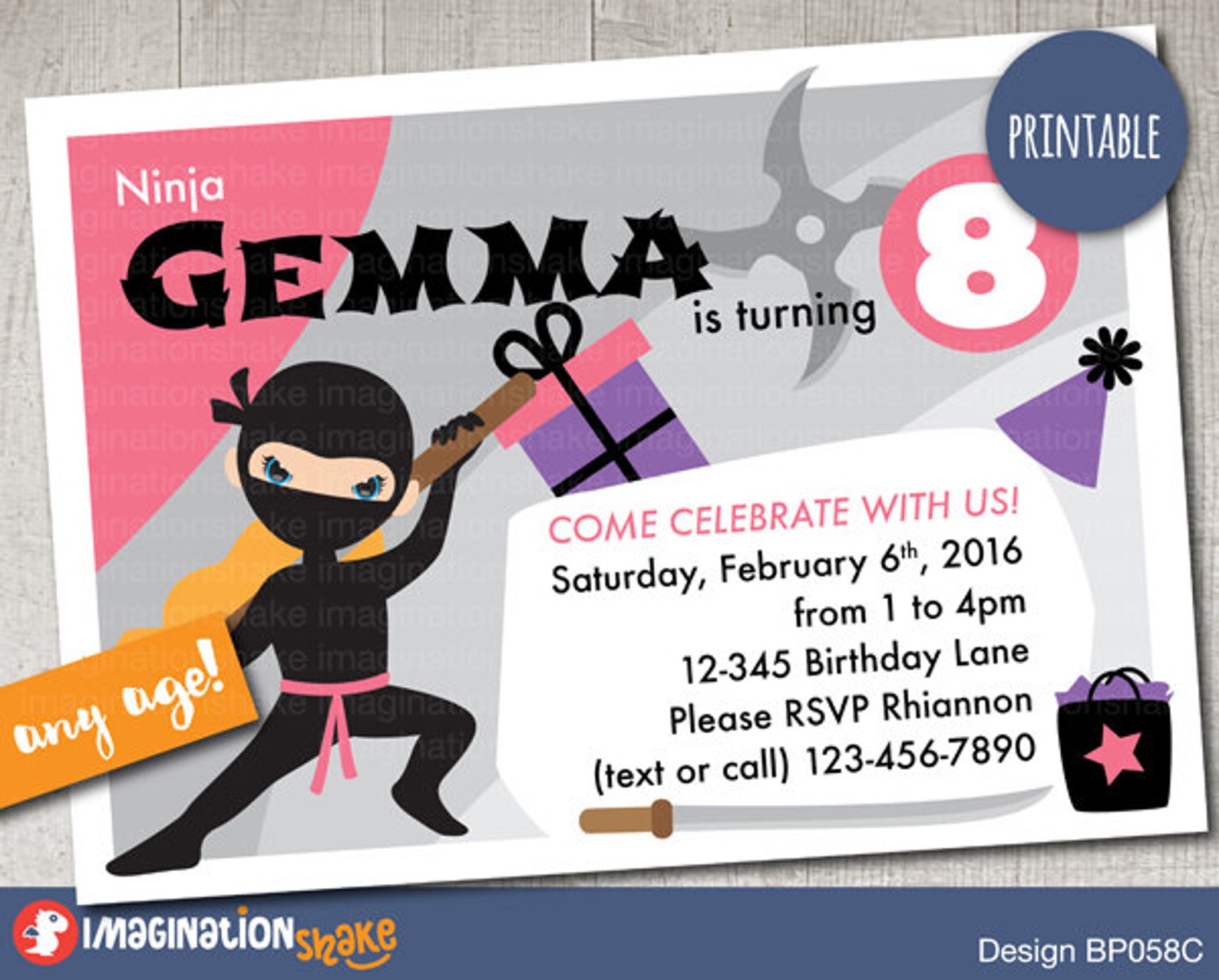 Personalized Ninja Girl Party Birthday Party Invitation Pink PRINTABLE ...