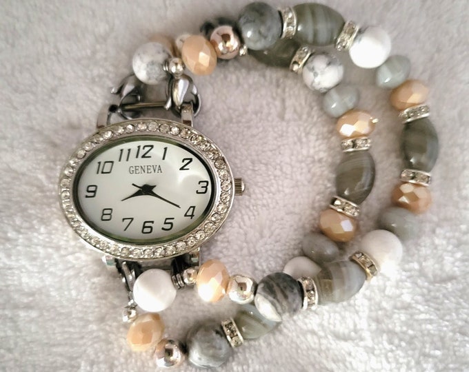 Womens Beaded Interchangeable Watch With Neutral Beads in Grays, Tans ...