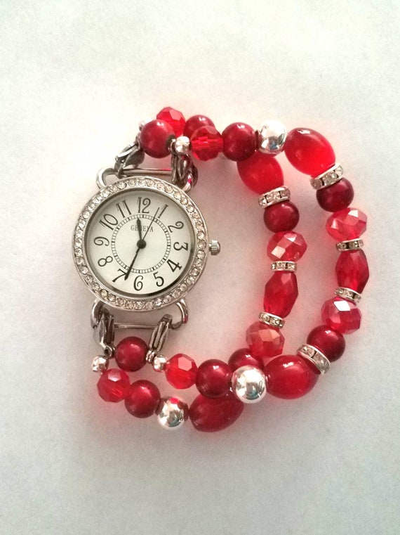 Women's charming red stretch watch bracelet with round | Etsy