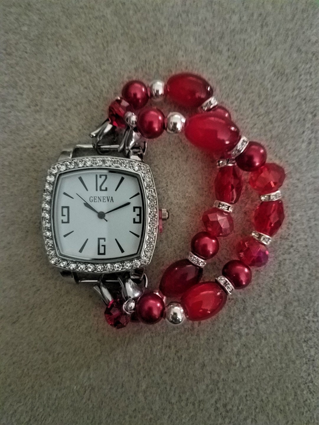 Women's Charming, Red Stretch Watch Bracelet With Square Rhinestone ...