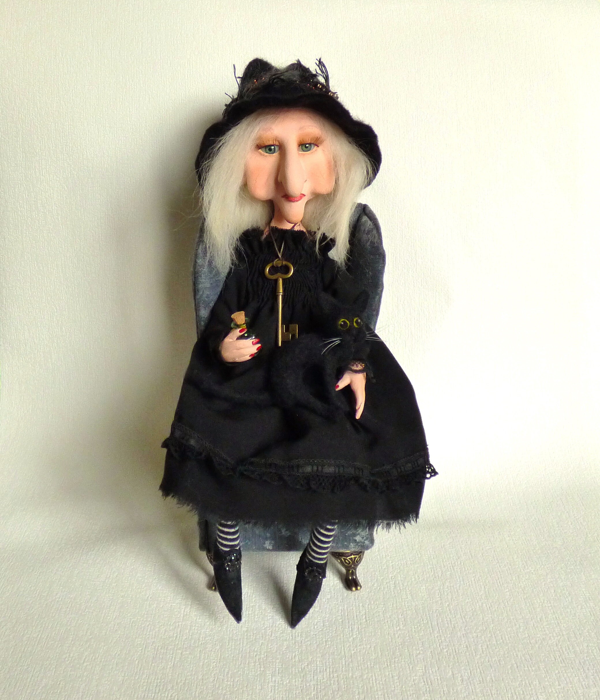 OOAK Witch doll Polymer clay Witch Art doll Witch black cat | Etsy