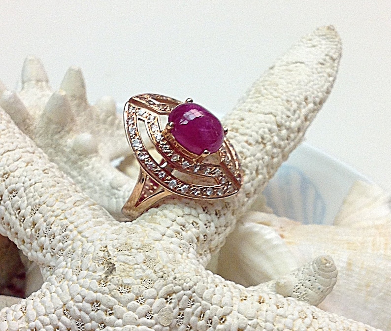 Natural Red Ruby Cabochon With White Sapphire Ring - Etsy