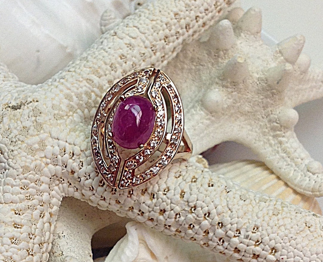 Natural Red Ruby Cabochon With White Sapphire Ring - Etsy