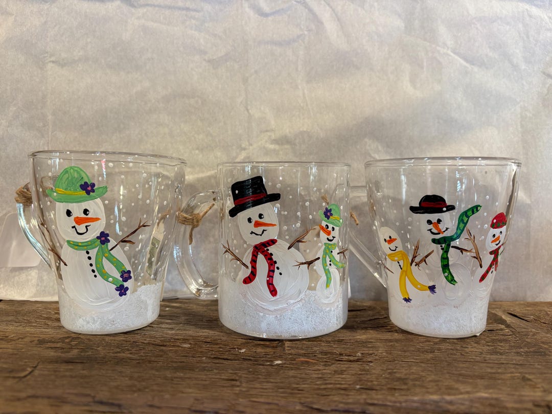 Hand Painted Glass Snowmen Mugs - Etsy