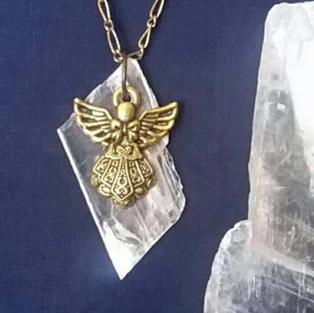 Crystal Selenite Necklace Guardian Angel Necklace / Raw Selenite Angel ...