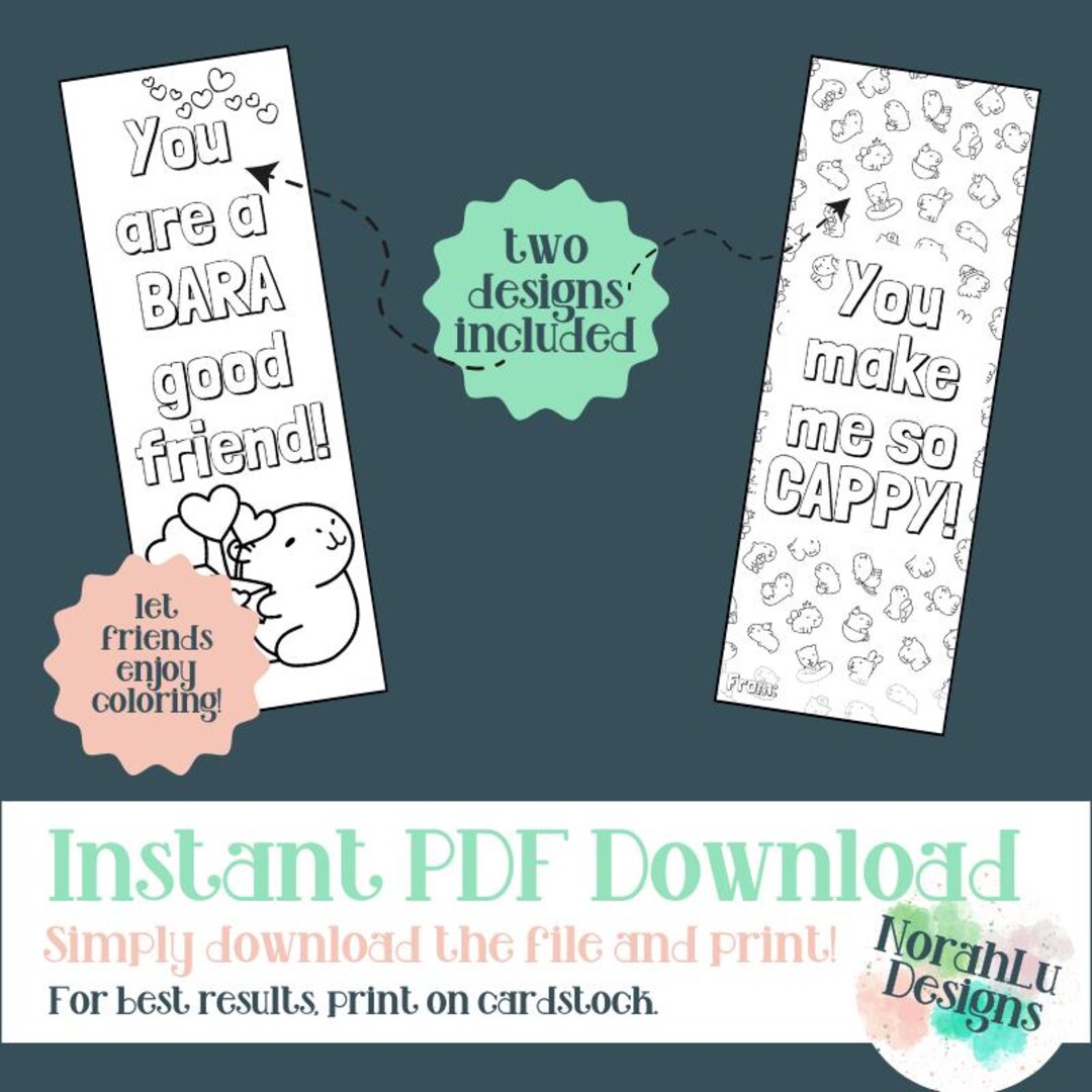 PRINTABLE Capybara Valentine Bookmarks to Color for Kids, Classroom ...
