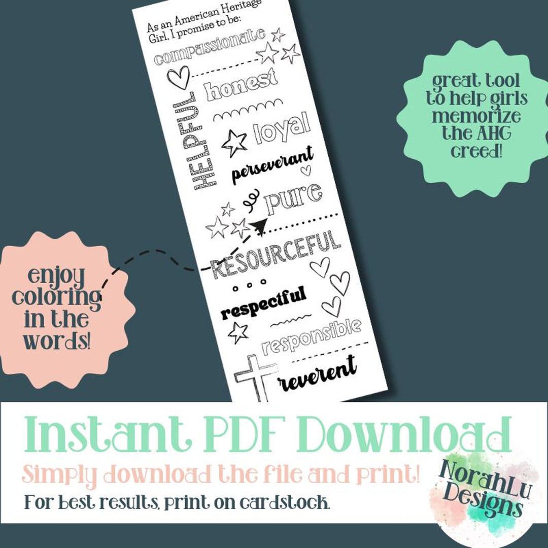 PRINTABLE AHG Creed Bookmark, American Heritage Girls Memorize Creed ...