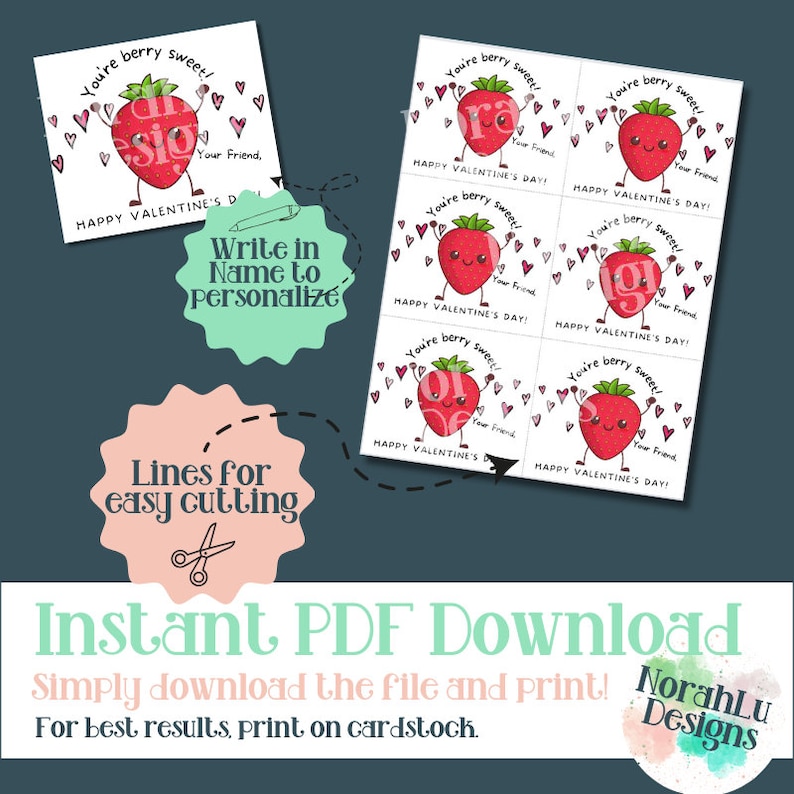 PRINTABLE Valentine's Day Cards, Berry Sweet Valentine's Day, Classroom ...