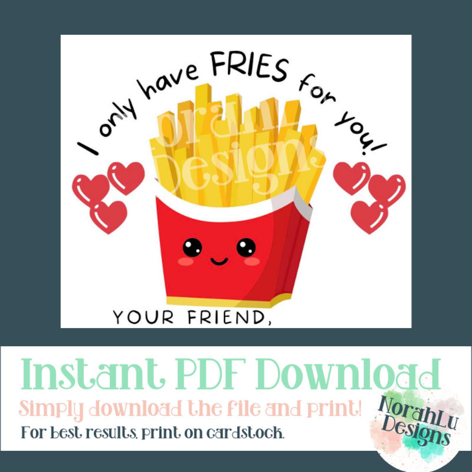 PRINTABLE Valentine's Day Cards, I Only Have FRIES for You, Classroom ...