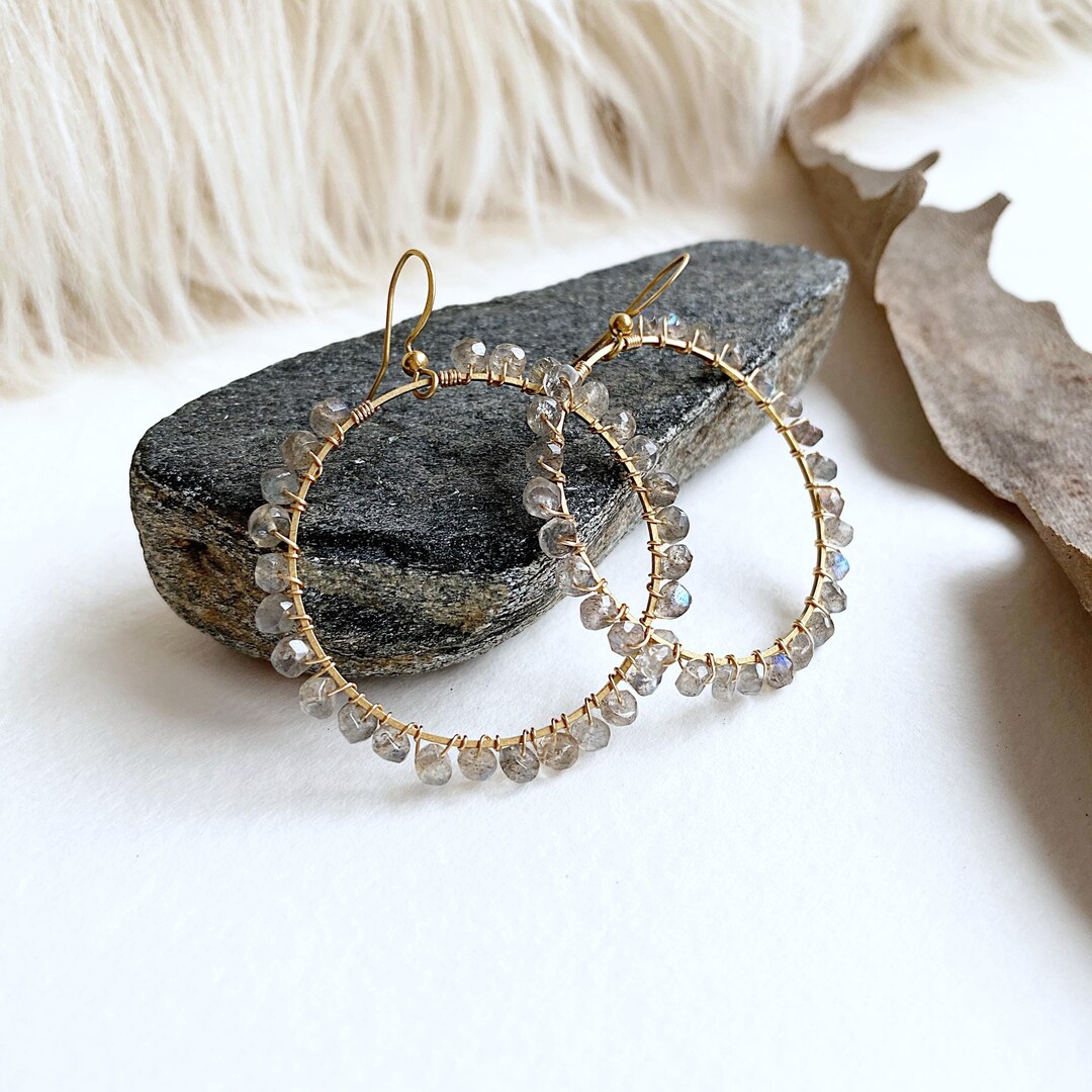 Brass Round Hoops, Crystal Faceted Labradorite Bead Hoops, Wire Wrapped ...