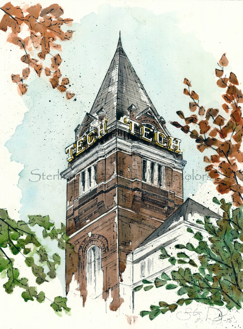 Giclee Watercolor Print of Georgia Tech's Tech Tower - Georgia ...