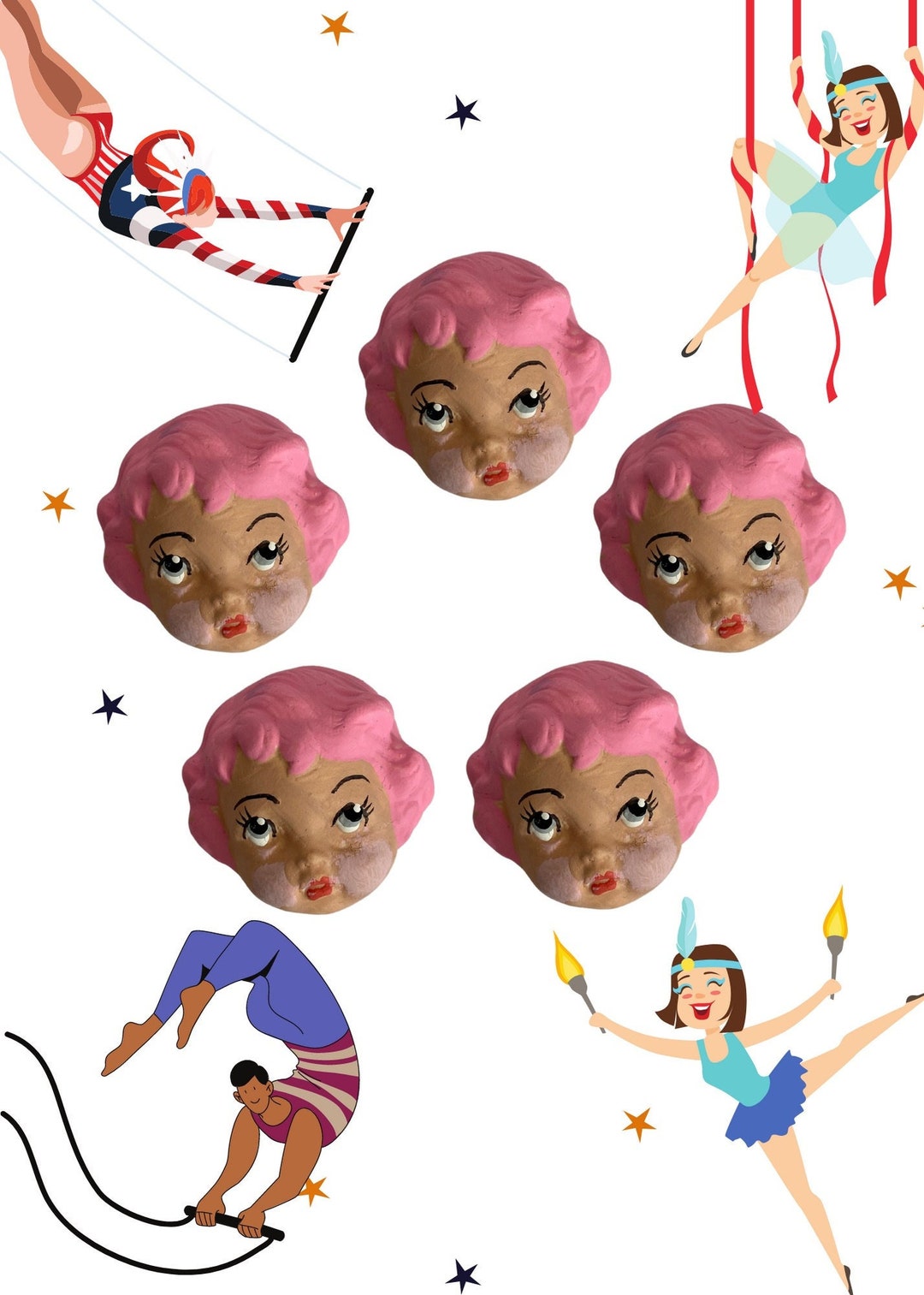 Pink Polly Style, Set of 5 Doll Heads, Lisa Kettell Designs - Etsy