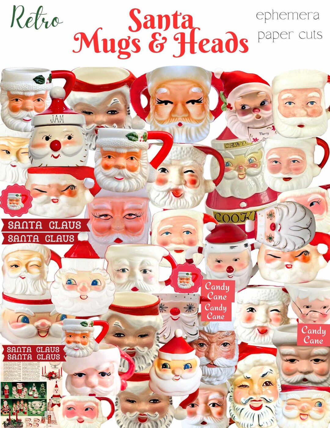 Retro Santa Mugs and Heads Christmas Cuts, Ephemera, 45 Pieces, Lisa ...