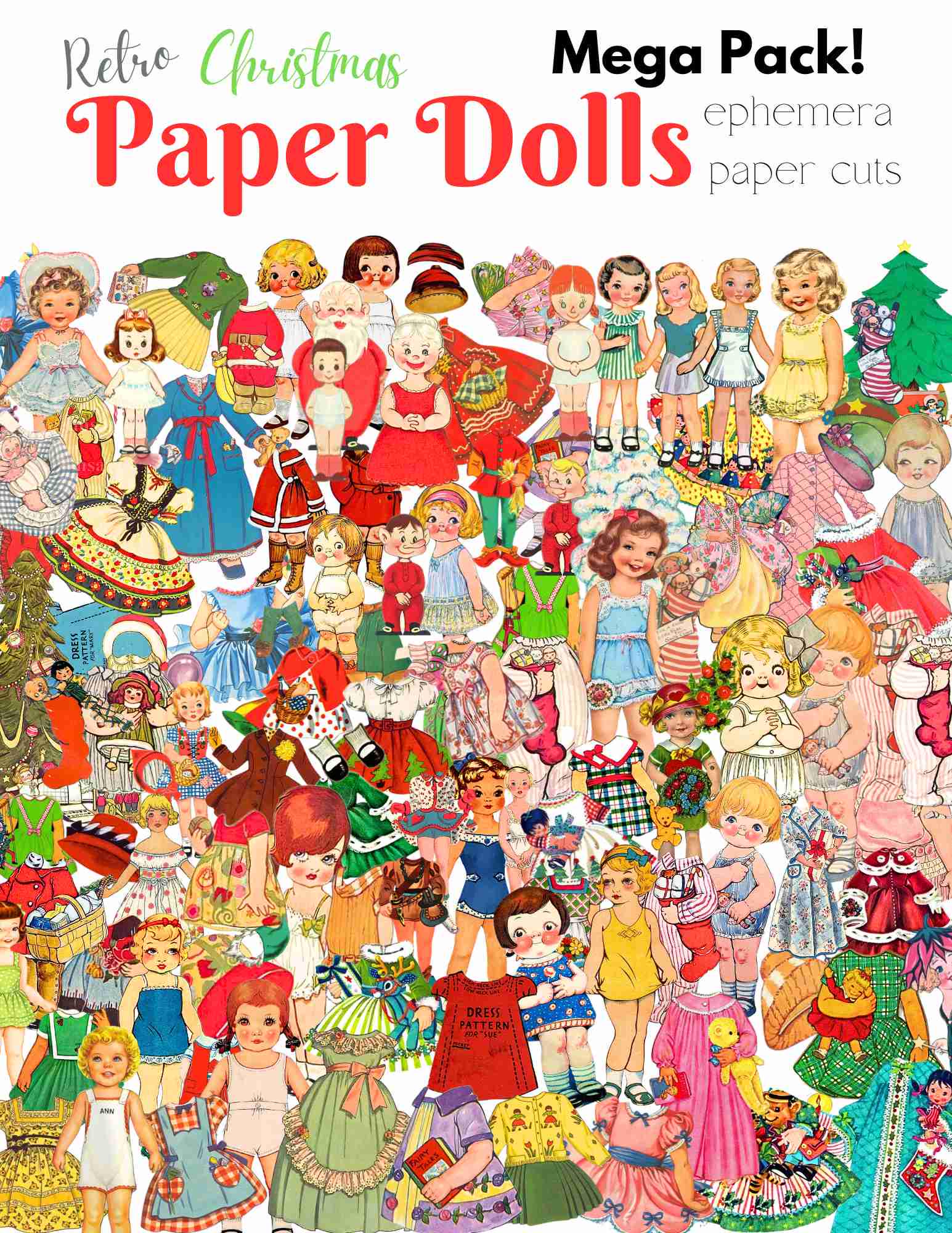 Retro Christmas Paper Doll Bundle, Ephemera, 110 Pieces, Lisa Kettell ...