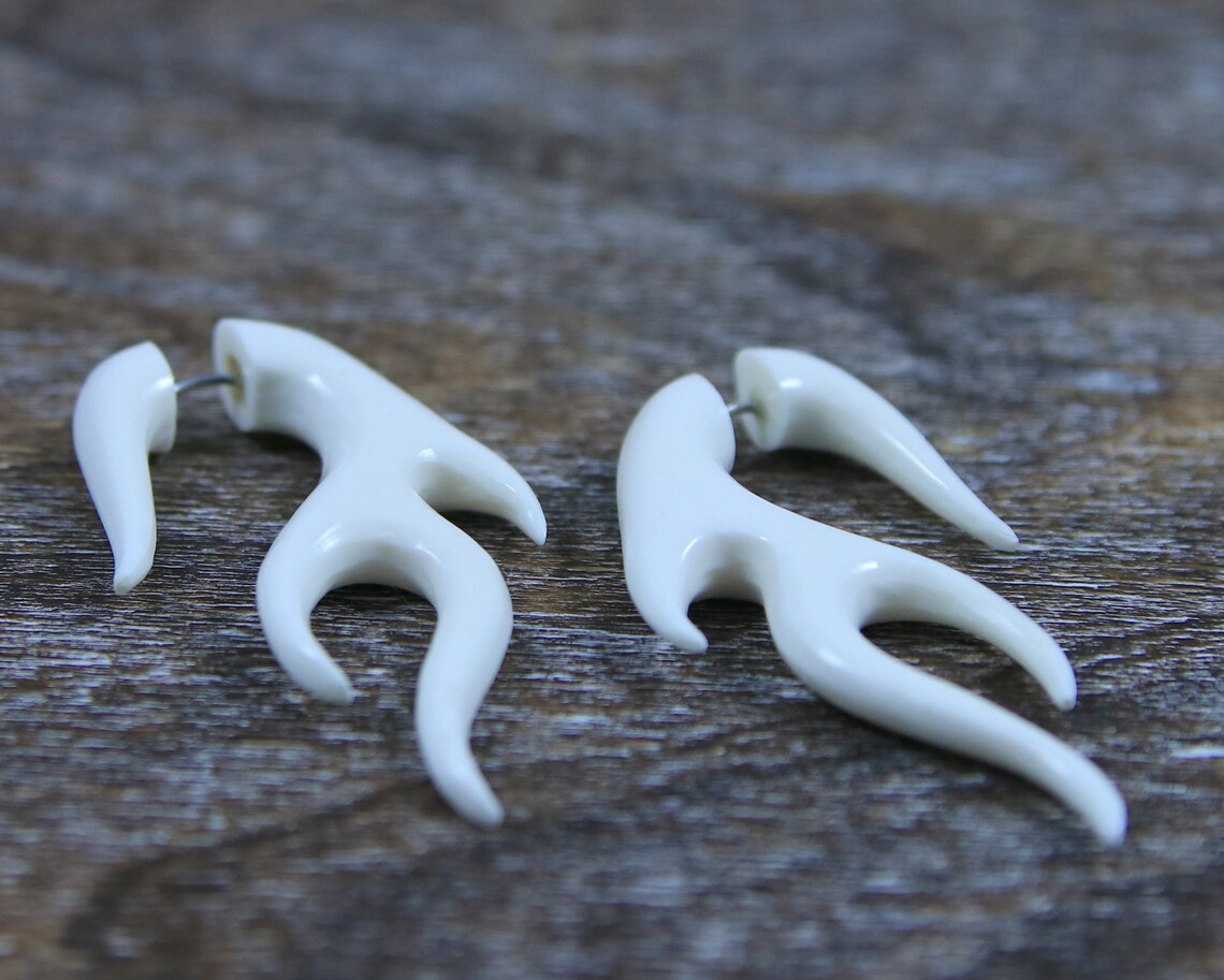 Carved Bone Fake Gauge Earrings, Tribal Flame Design, Lightweight Faux ...