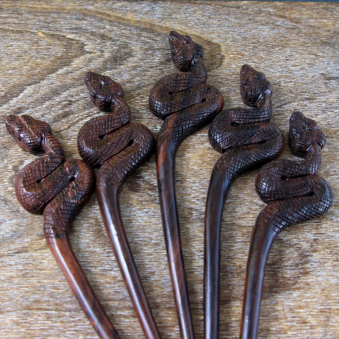 Carved Wood Hair Stick Snake Serpent Accessories, Carved Hair Pin ...