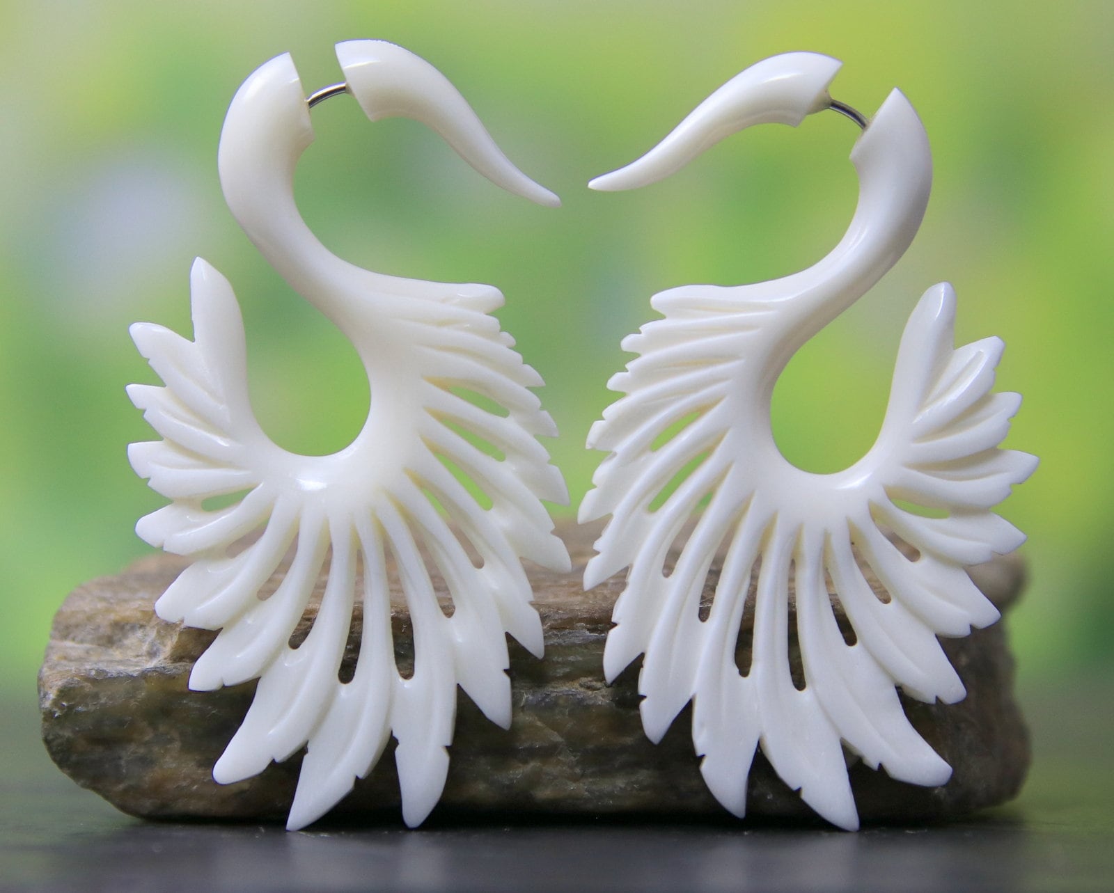 Feather Wings Cheater Gauge Hand Carved Bone Earrings | Etsy