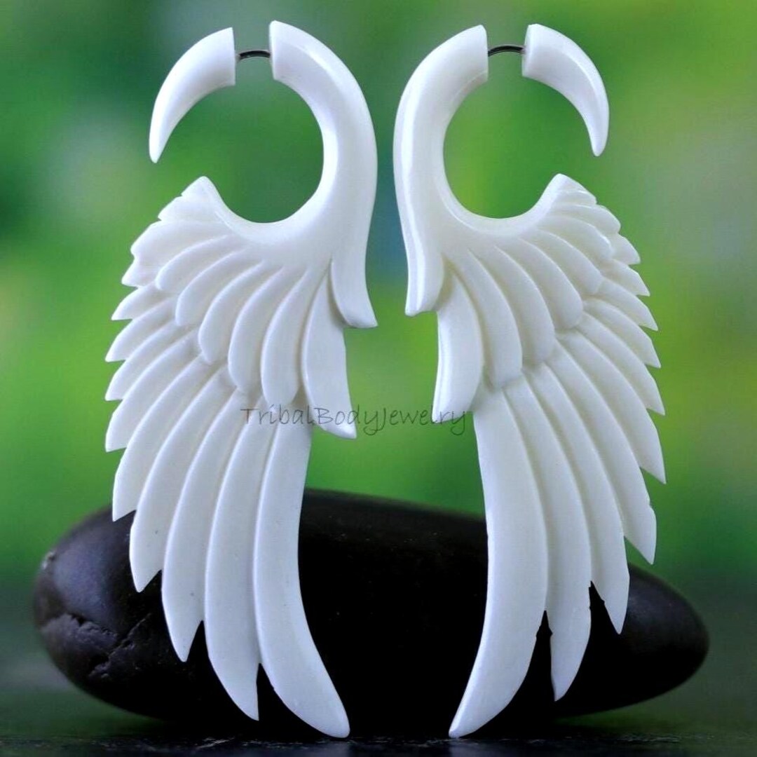 Fake Gauge Earrings, Hand Carved Bone Angel Wings - Etsy