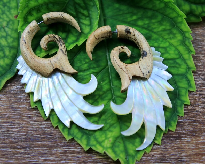 Angel Wings Fake Gauge Mother of Pearl and Tamarind Wood Earrings - Etsy