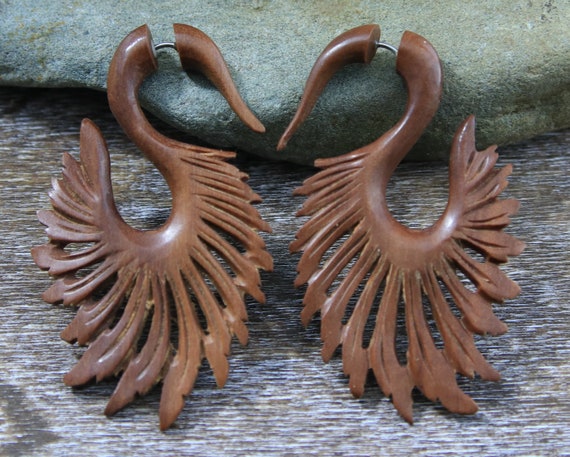 Feather Wings Cheater Gauge Fake Plug Hand Carved Exotic Wood | Etsy