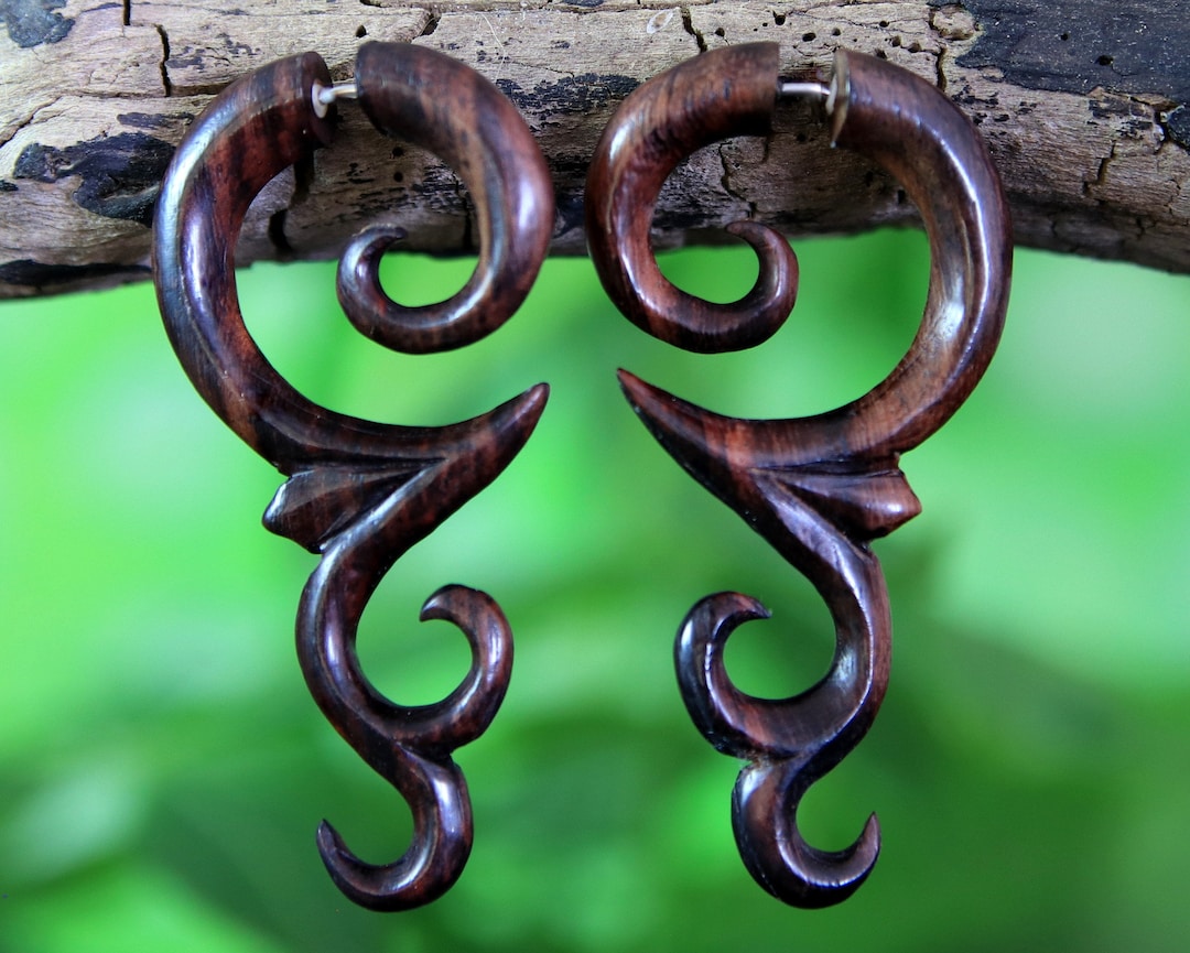 Hand Carved Wood Swirl Fake Gauge Earrings - Etsy
