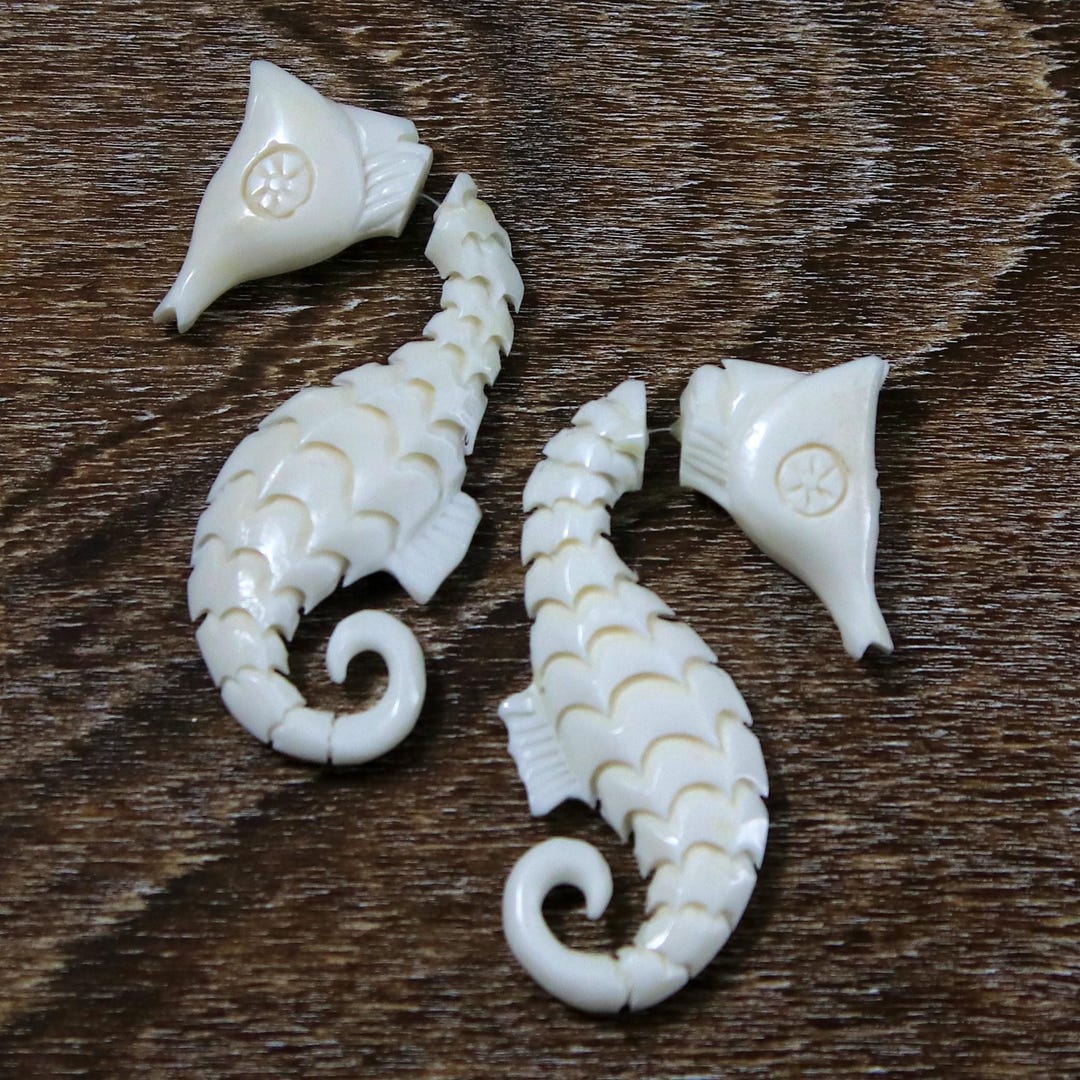 Seahorse Post Earrings Fake Gauge Carved Buffalo Bone Organic Jewelry ...