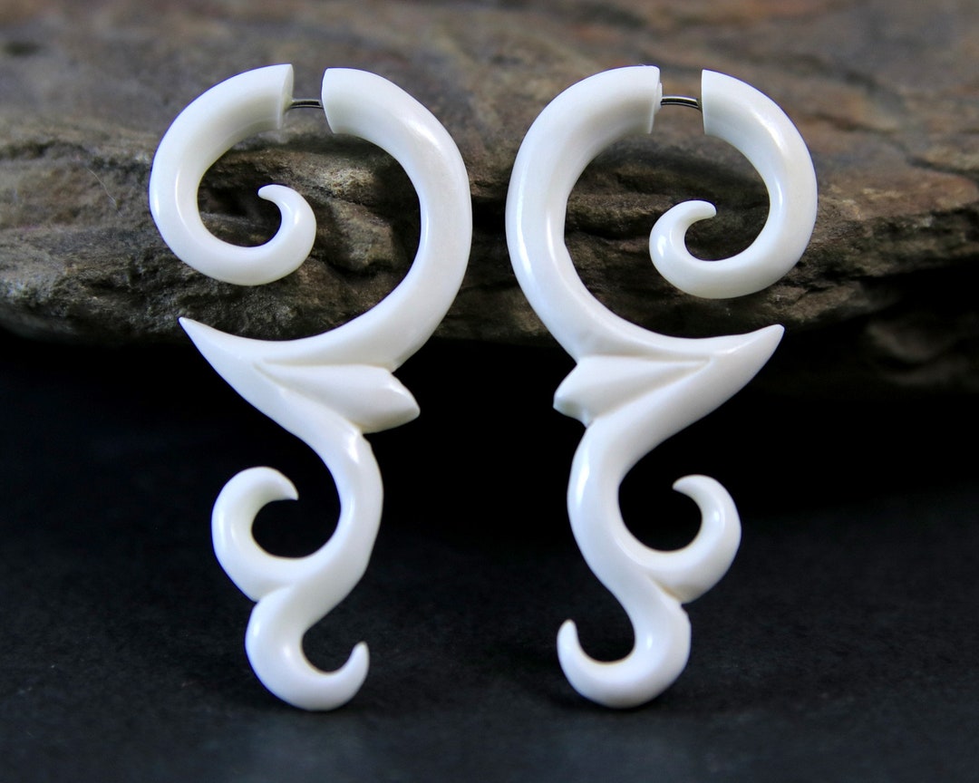 Fake Gauge Spiral Bone Carving Handmade Earrings for Regular Pierced ...