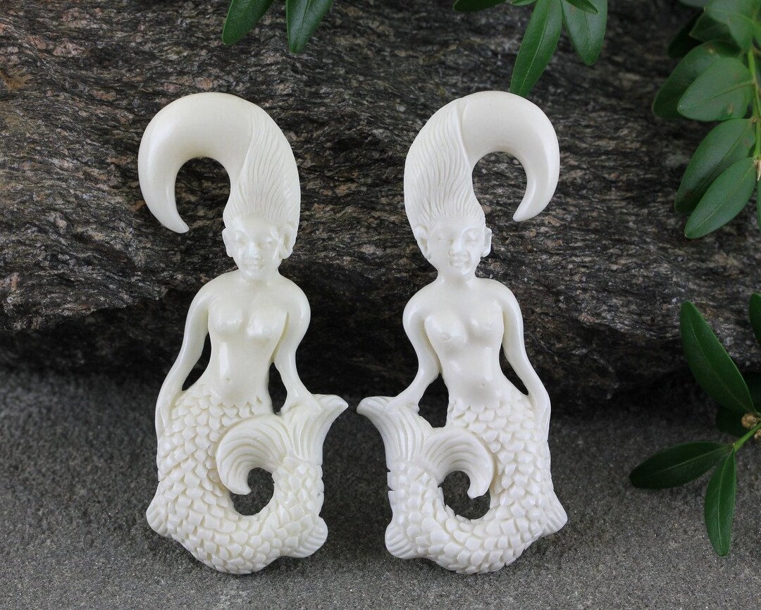 8G Stretcher Earrings Real Gauge Bone Organic Hand Carved Mermaid Pair ...
