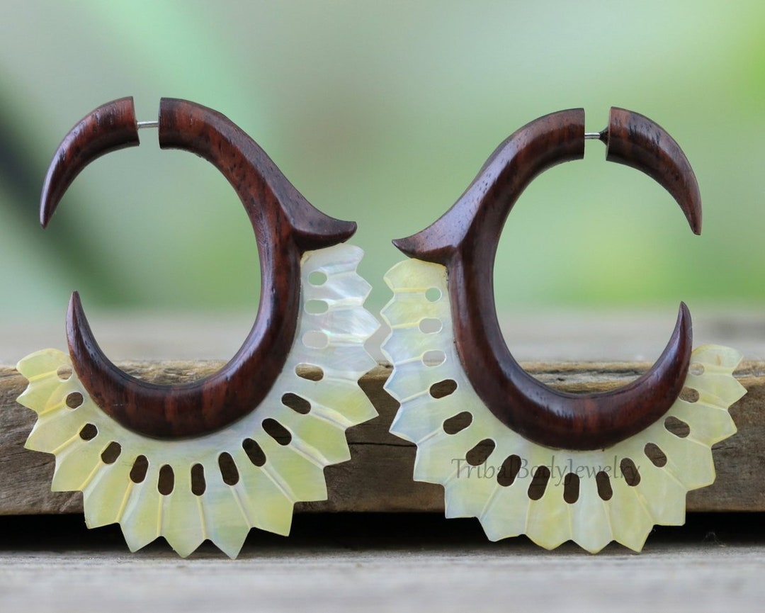 Hand Carved Mother of Pearl Faux Gauge Earrings, Fake Gauge Illusion ...
