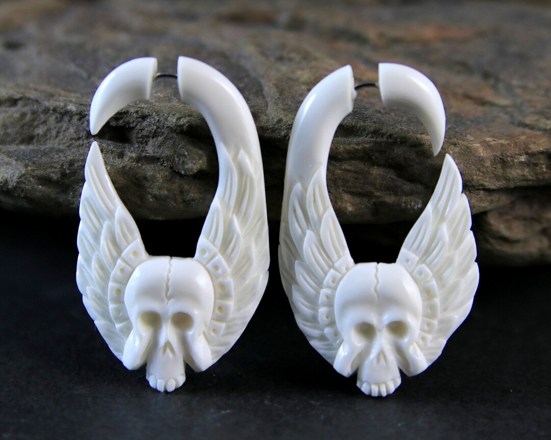 Fake Gauge Earrings Carved Bone Skull Wings Cheater Plug - Etsy