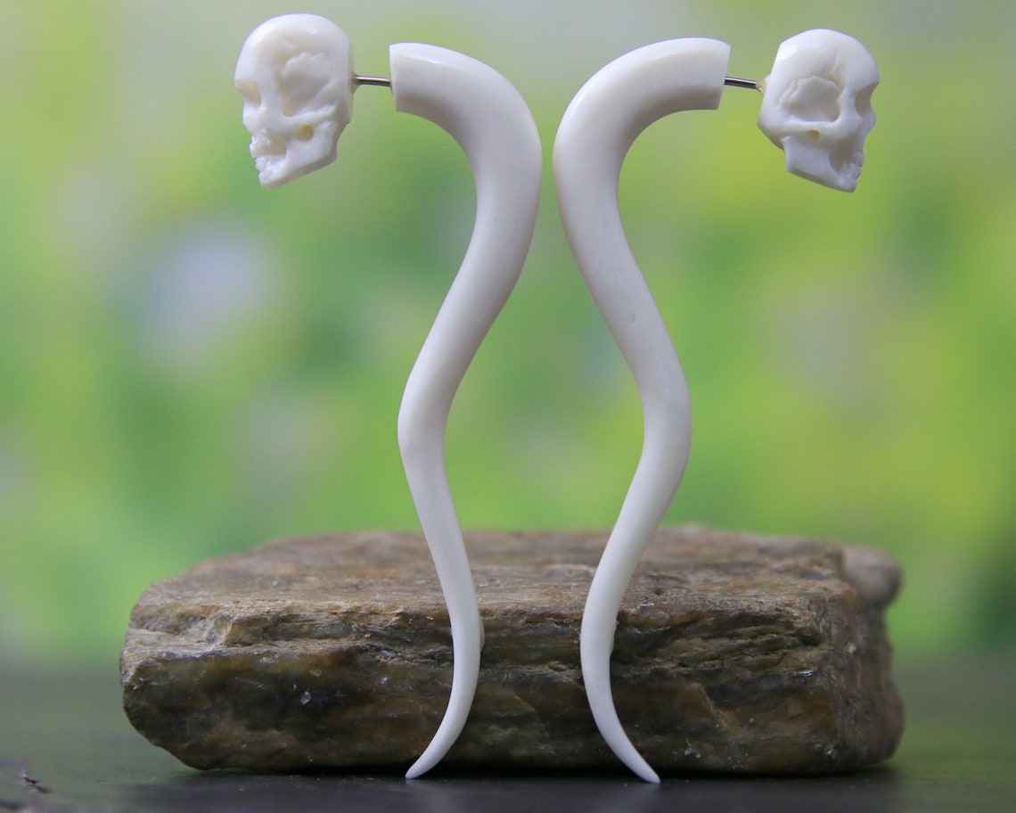Skull Carvings Hand Carved Faux Gauge Bone Earrings - Etsy