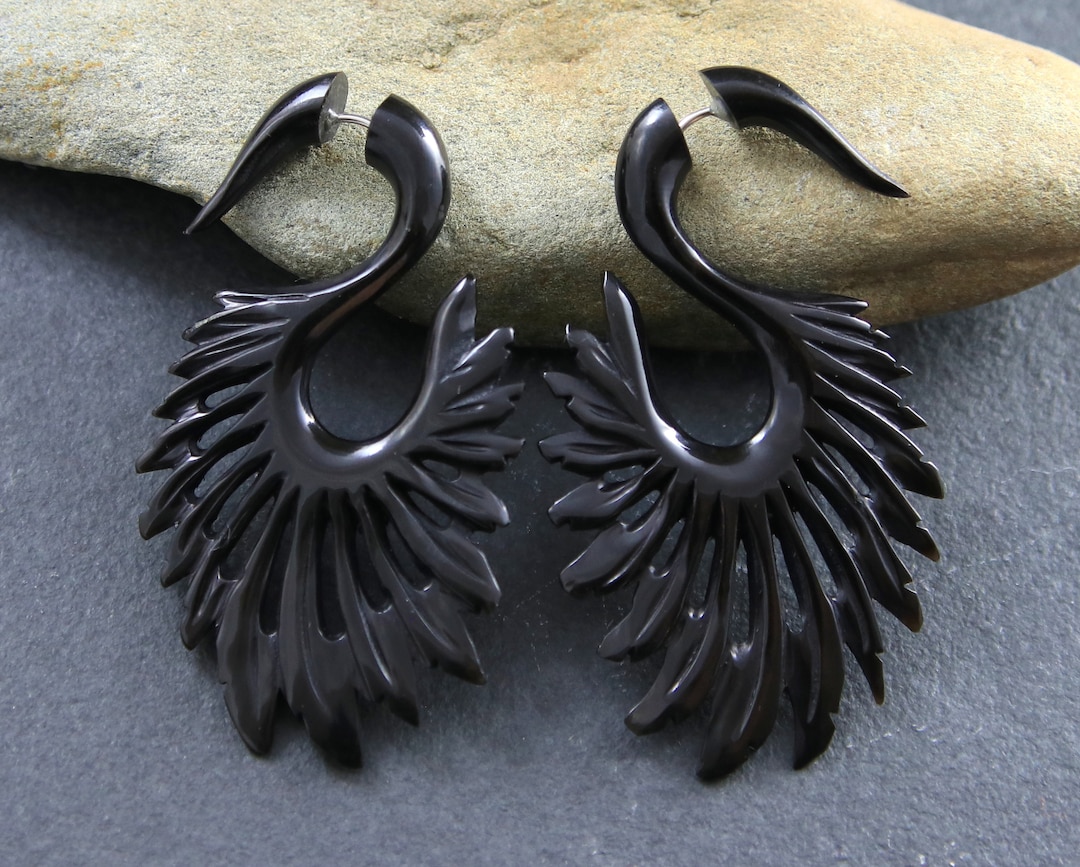 Hand Carved Bull Horn Fake Gauge Earrings, Faux Plug Feather Native ...