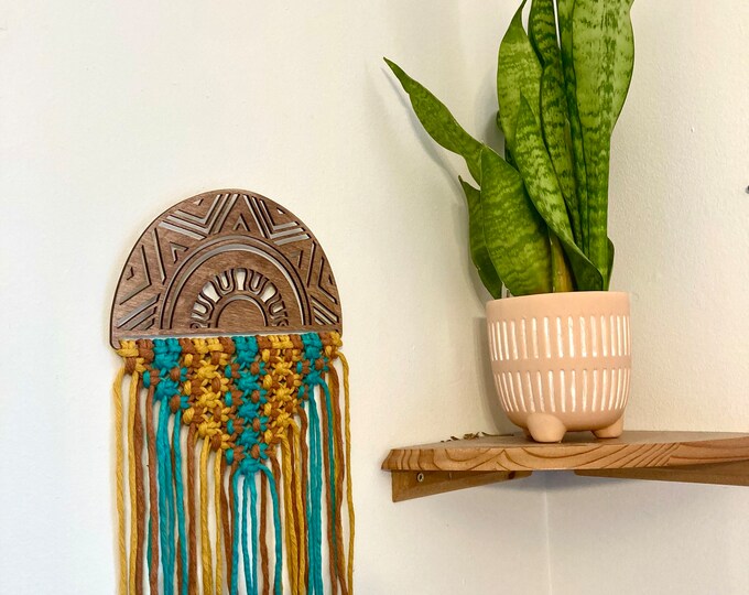 Southwestern Macrame Natural Fiber Art Wall Hanging Decor / Mexican / Teal / Mustard / Aztec ...