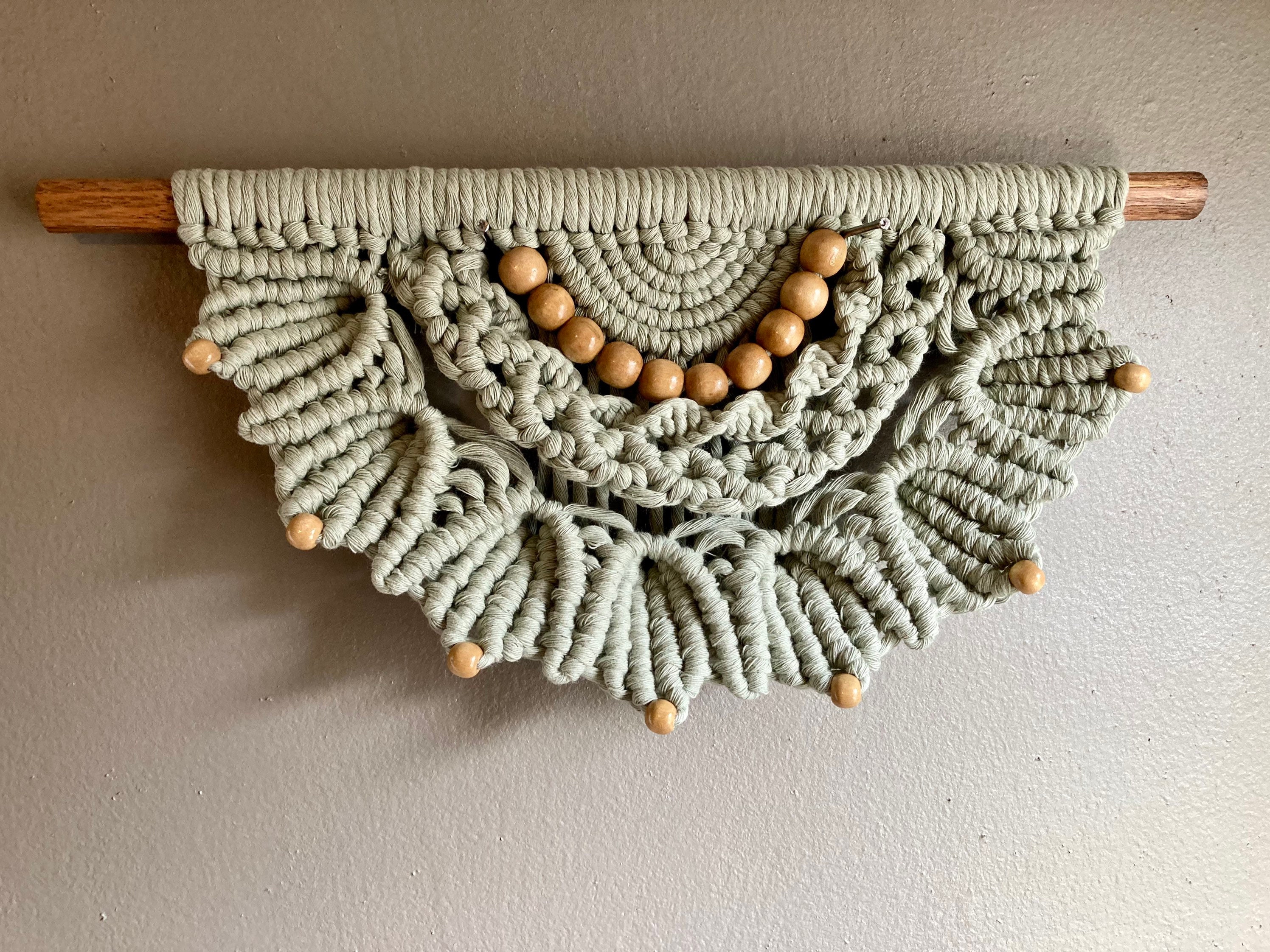 Beaded Half Moon Macrame Wall Hanging Sage Green Knotted Fiber Art ...