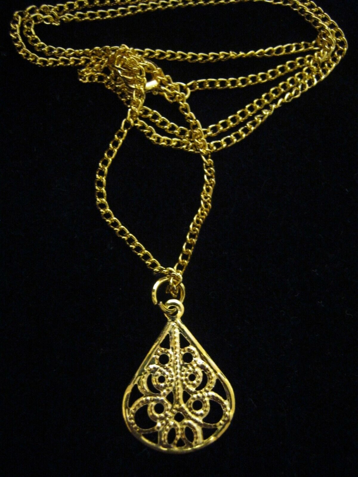 A Gold Ornate Tear Drop Pendant on 45cm Golden Chain Unusual - Etsy UK
